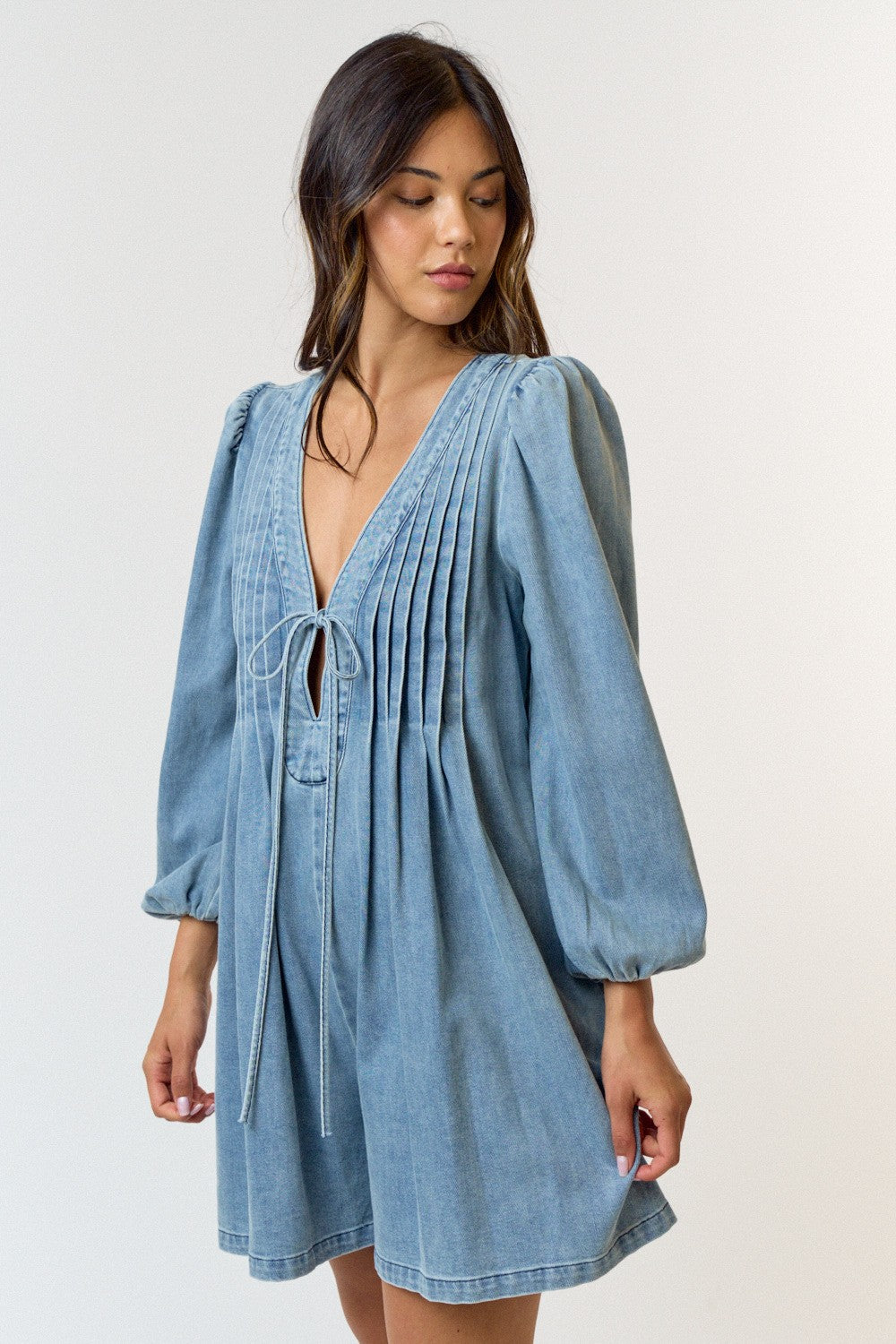 The Reverie Medium Wash Pleated Denim Romper – Thread + Seed