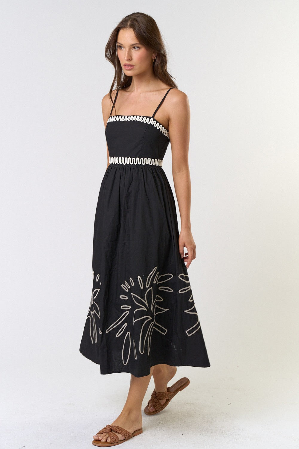 The Arabella Black Embroidered Midi Dress – Thread + Seed