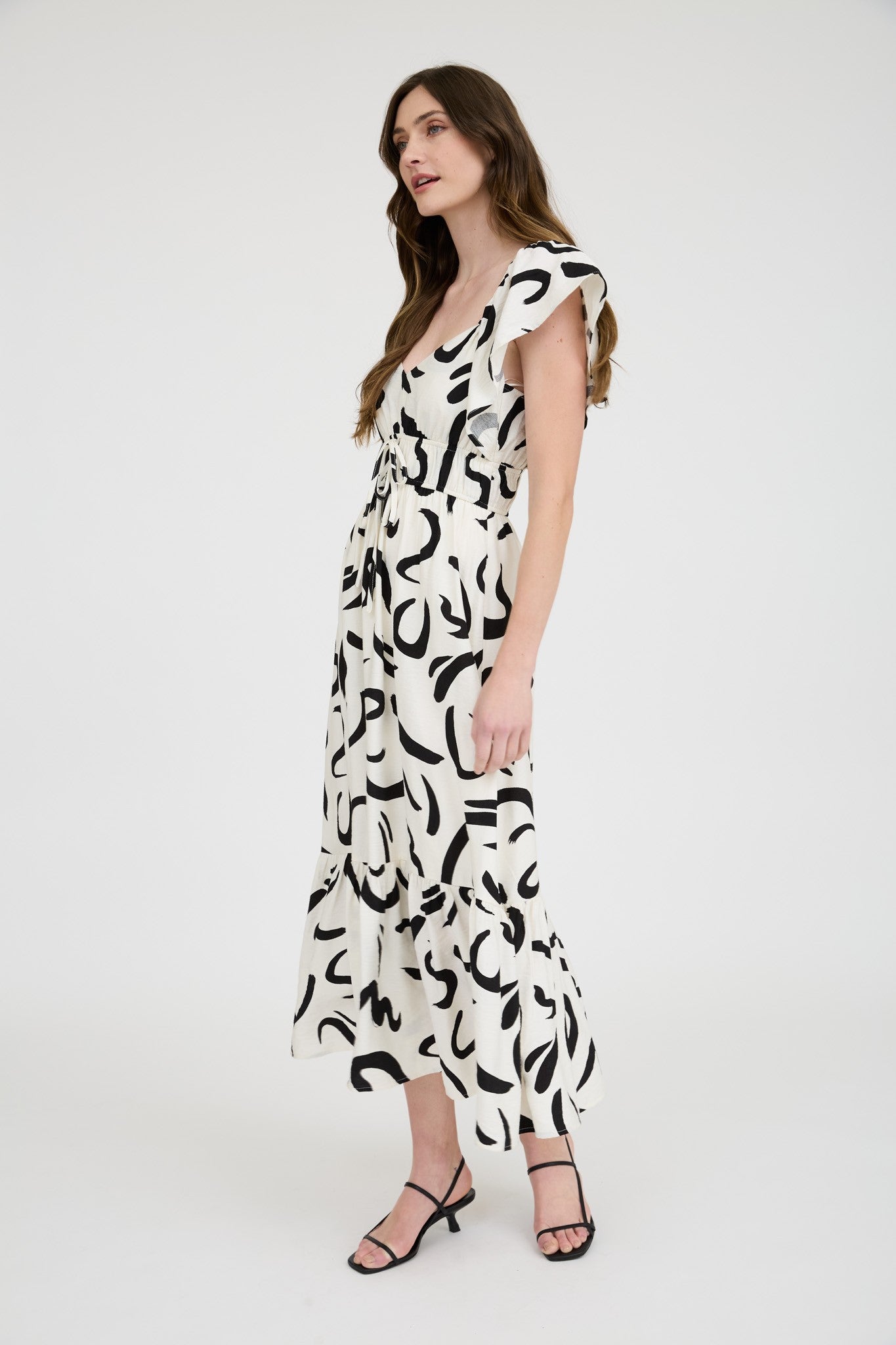 The Lydia Ivory Abstract Flutter Sleeve Dress – Thread + Seed