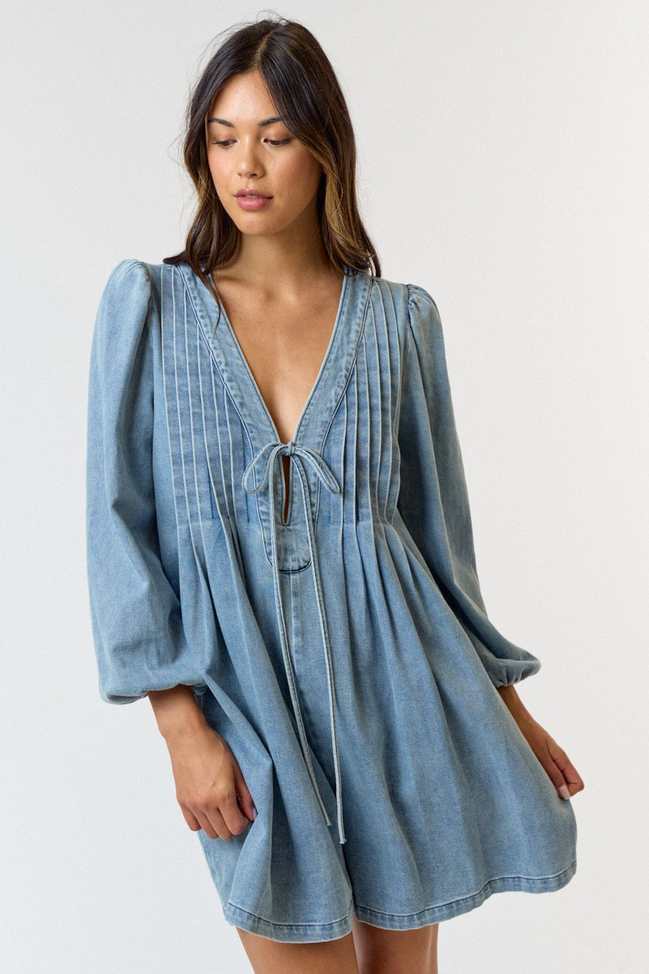 The Reverie Medium Wash Pleated Denim Romper – Thread + Seed