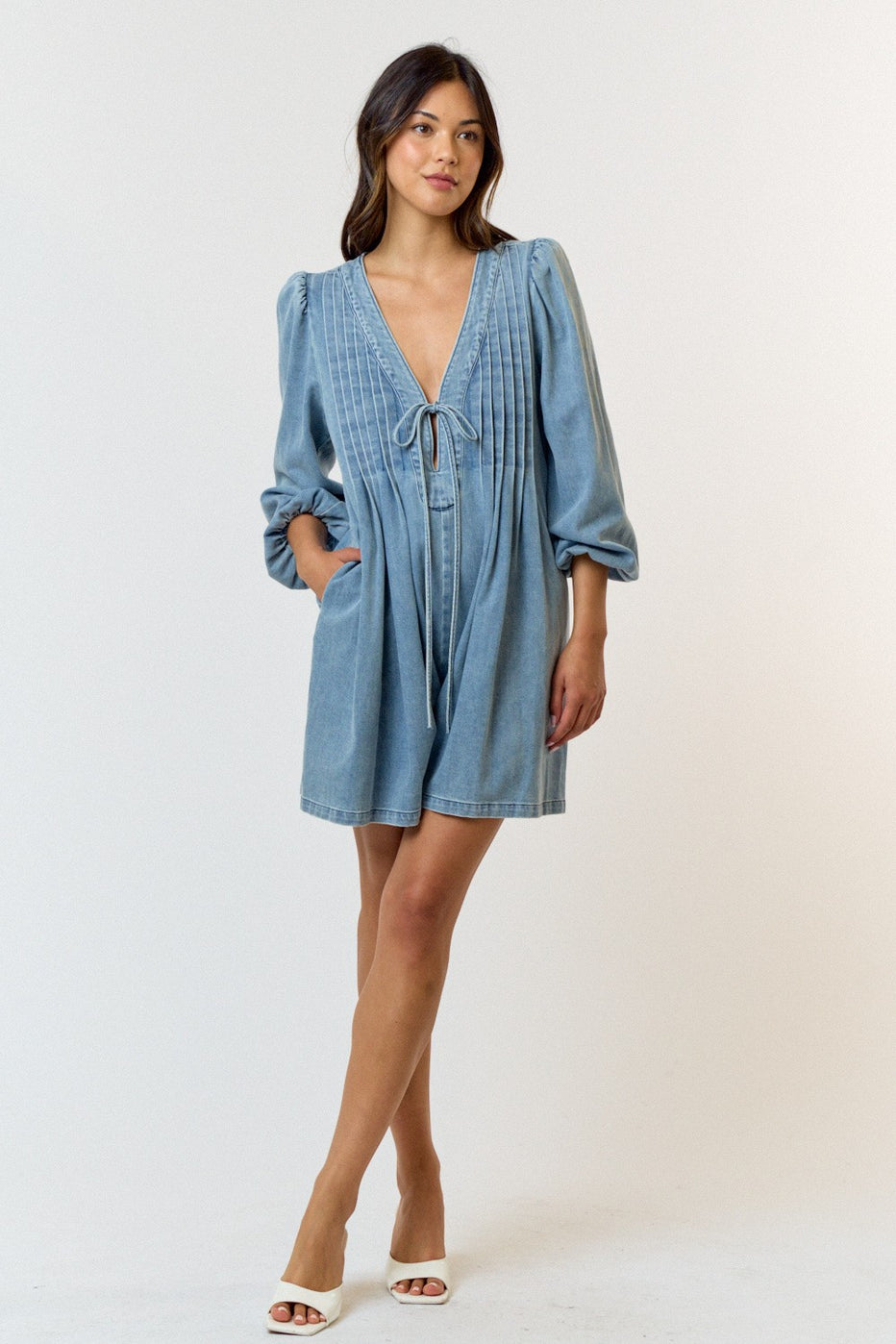 The Reverie Medium Wash Pleated Denim Romper – Thread + Seed